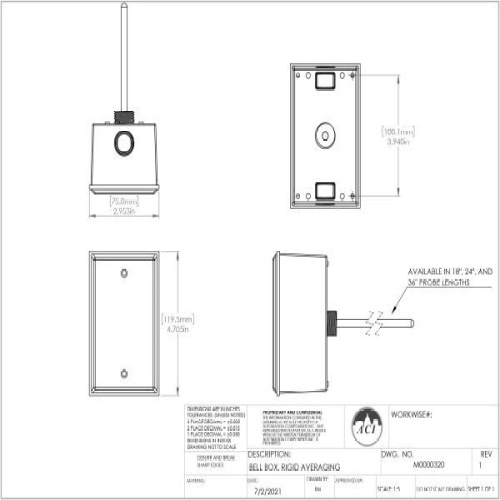 ACI 124522 A/CP-RA-36"-BB 10K Ohm,Type II,Rigid Probe Average Thermistor
