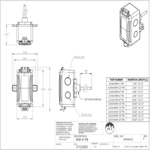 ACI 134255 A/100-2W-INW-2.5"-PB 2 Wire,100 Ohm Immersion RTD